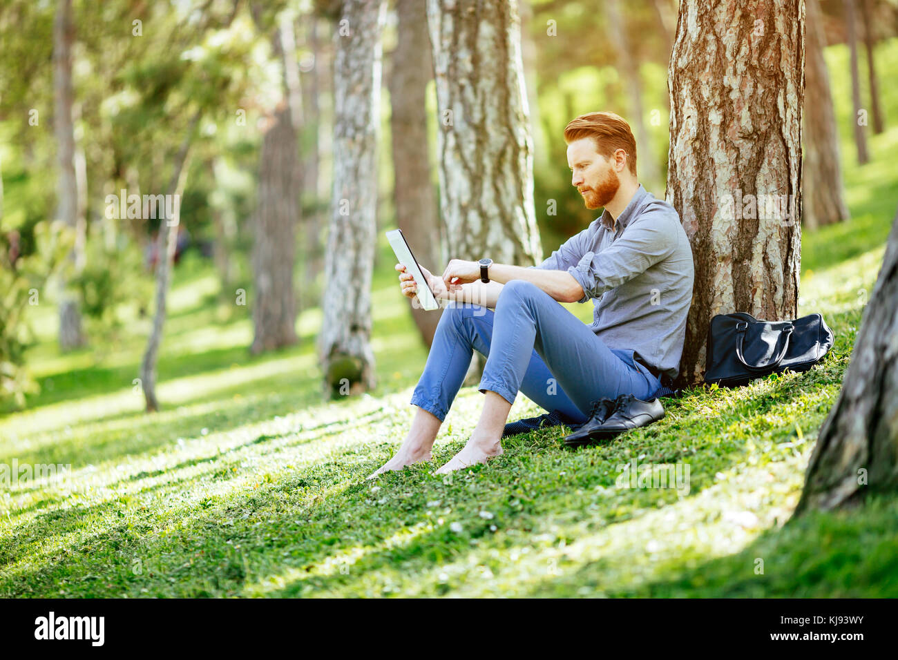 Student studying in park Stock Photo - Alamy