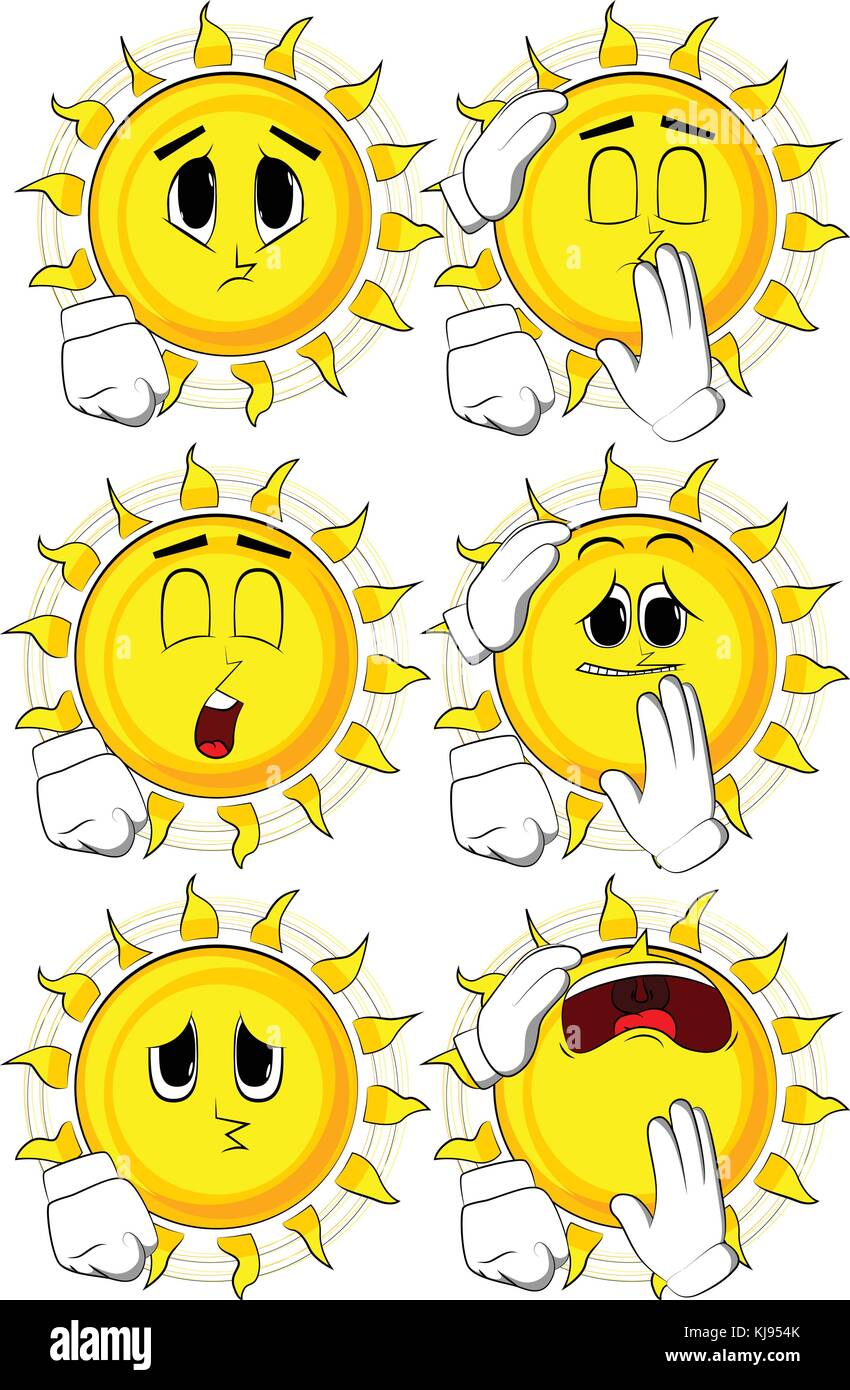 Cartoon sun comforting another sun. Collection with sad faces ...