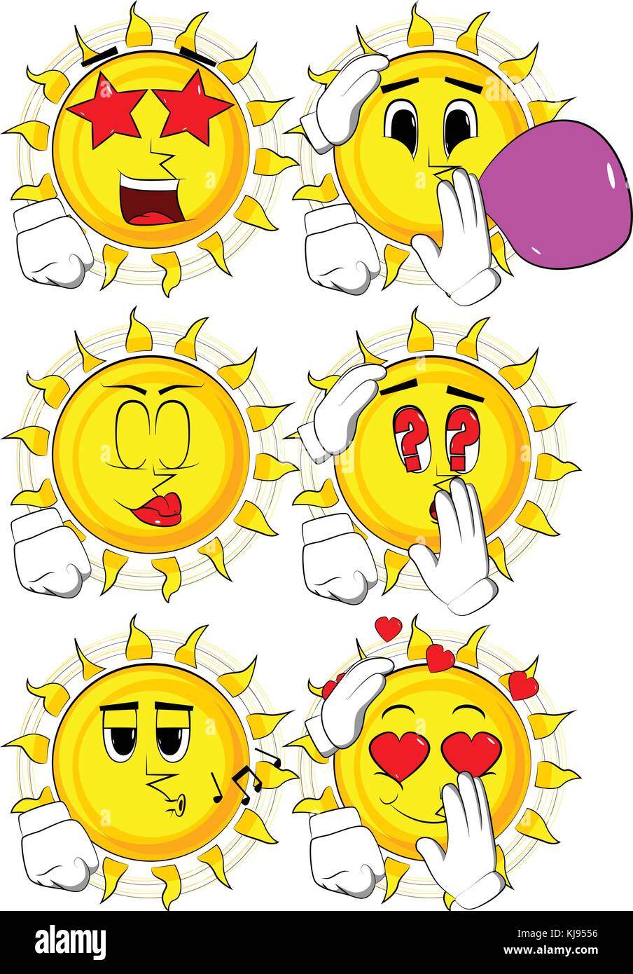 Cartoon sun comforting another sun. Collection with various facial ...