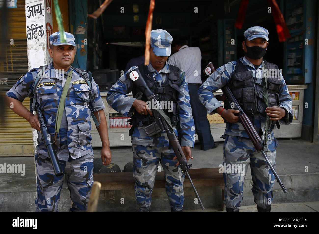 Janakpur, Nepal. 23rd Nov, 2017. Armed Police personnel patrol the ...