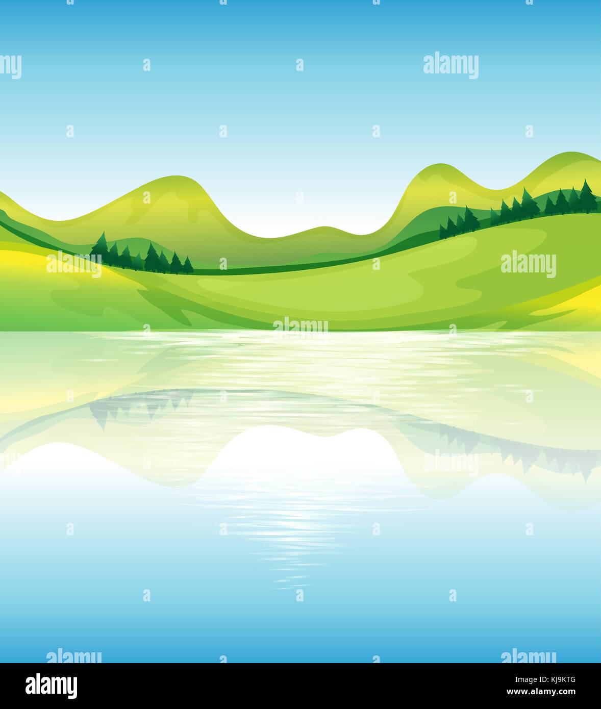 Illustration of the view of the water and the green land resources ...