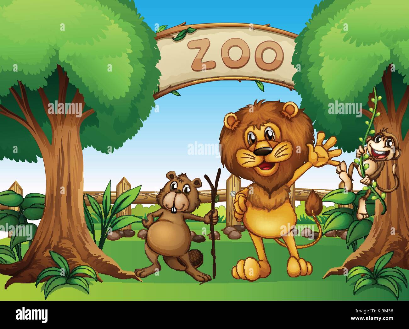 Illustration of a monkey, beaver and a lion in the zoo Stock Vector ...