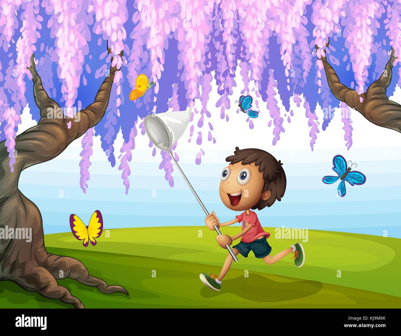 Illustration of a boy catching butterflies at the park Stock Vector ...