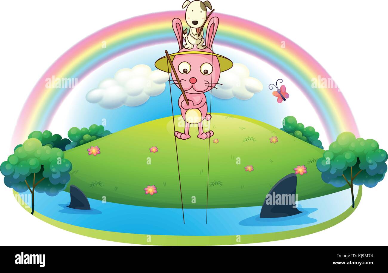 Illustration of an island with two bunnies fishing on a white ...