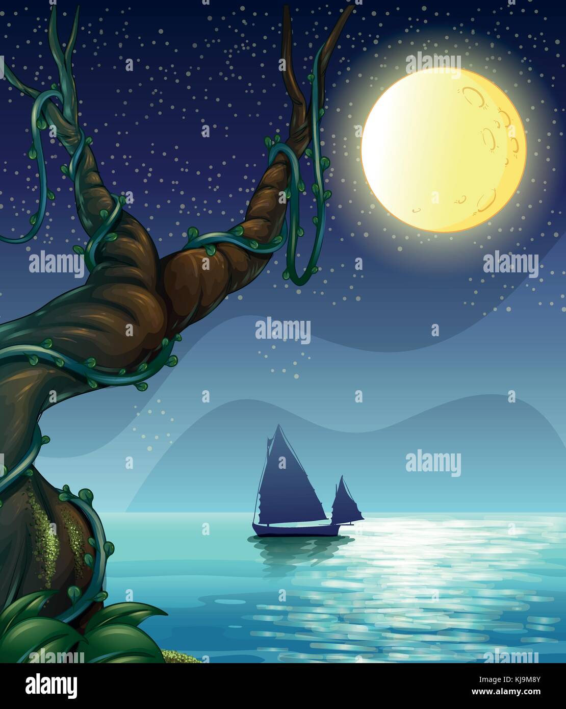 Illustration of a boat sailing in the middle of the night Stock Vector ...