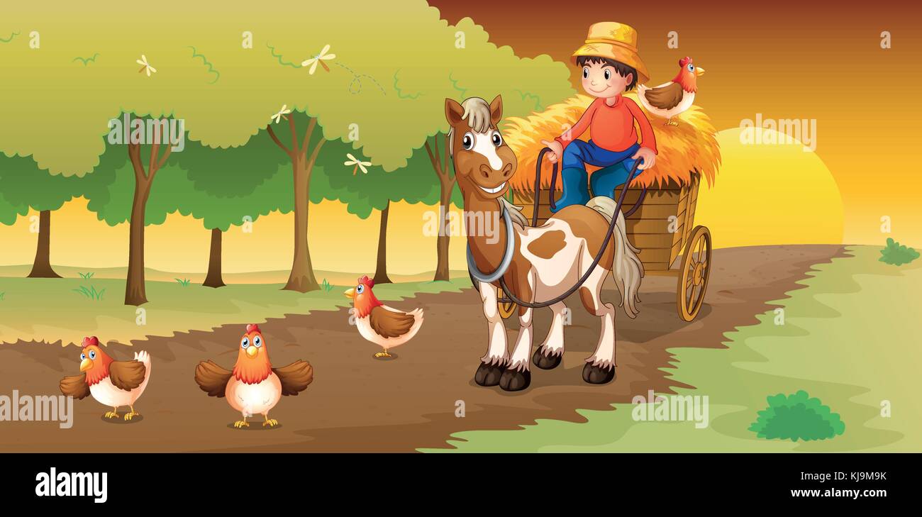 Illustration of a man riding in his cart going to the farm Stock Vector ...