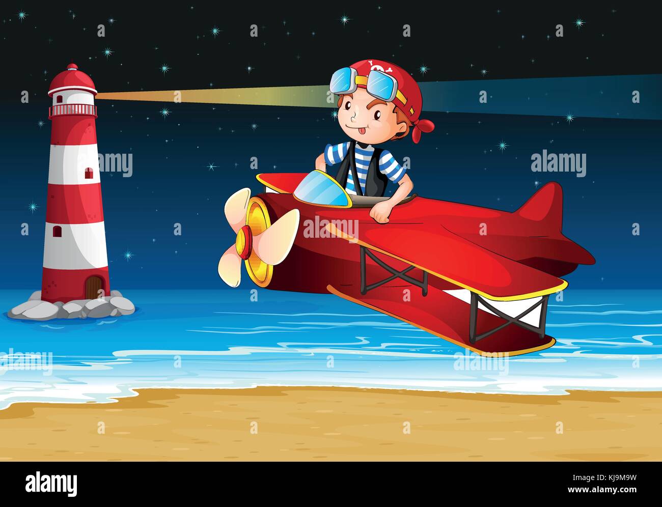 Illustration of an airplane at the beach with a lighthouse Stock Vector ...