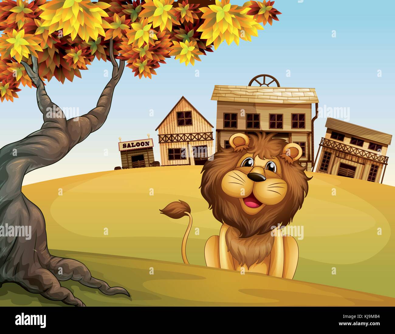 Illustration of a lion in front of a wooden house Stock Vector Image ...