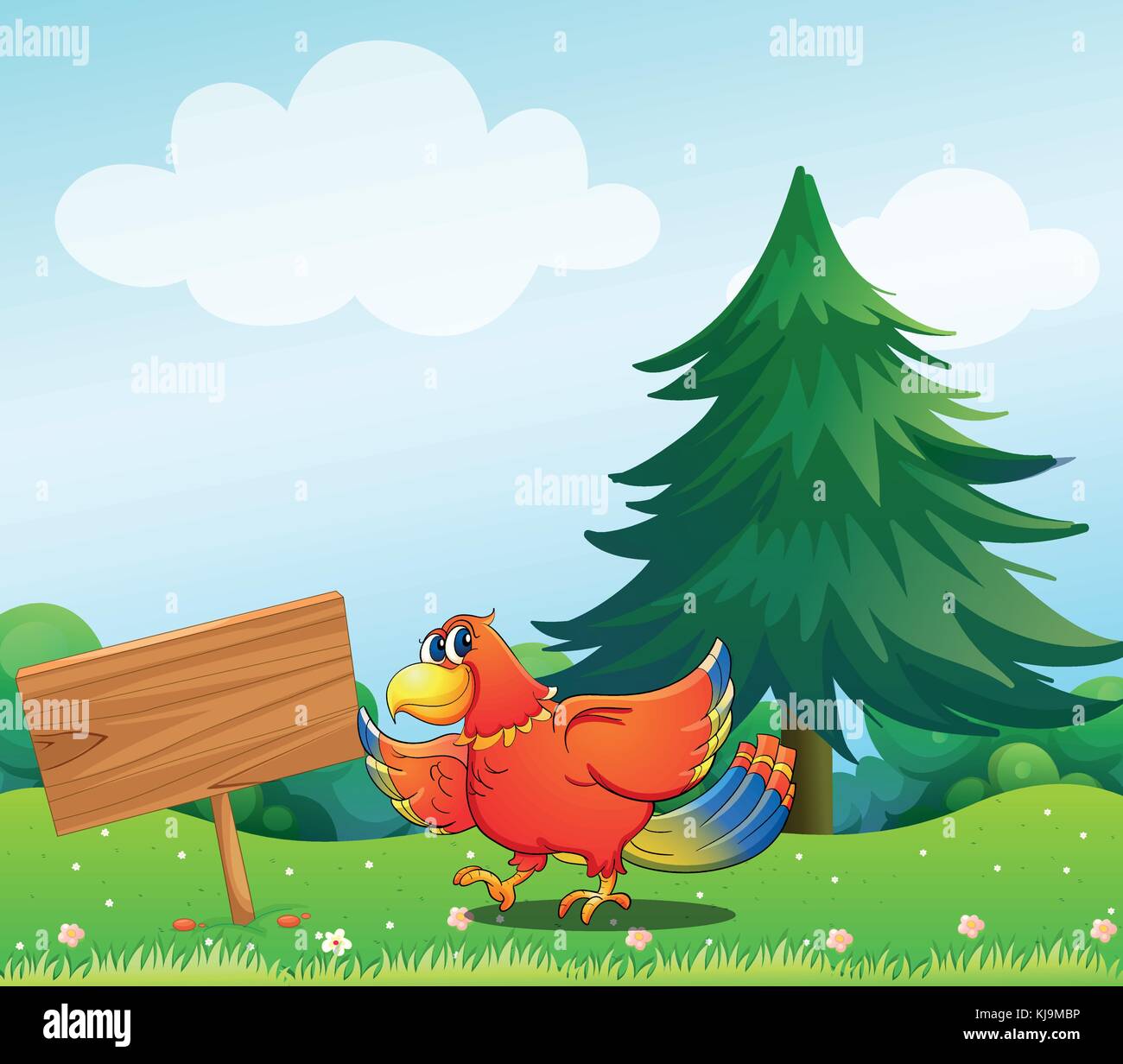 Illustration of a chicken beside an empty wooden signboard Stock Vector ...