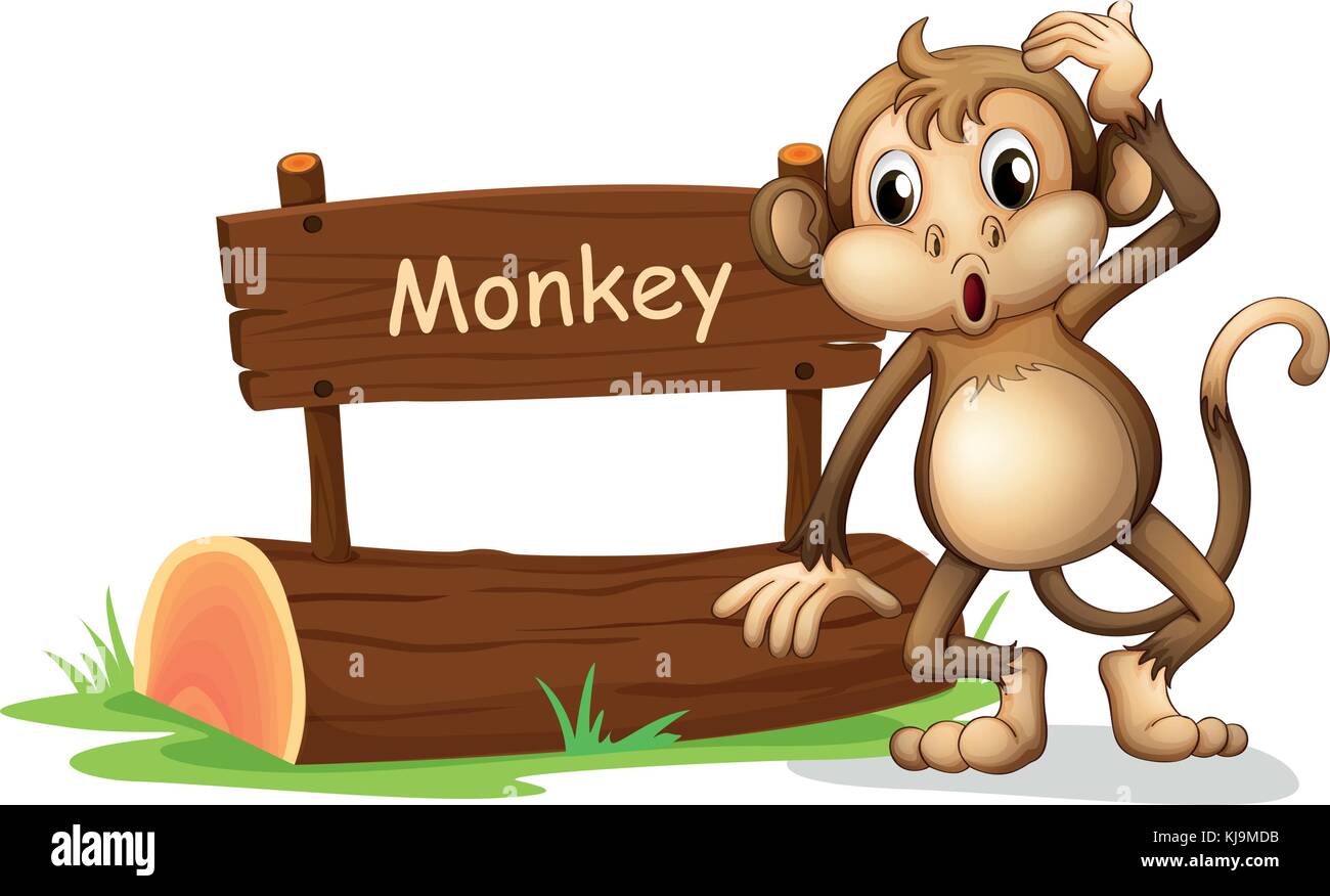 Illustration of a monkey beside a sign board on a white background ...