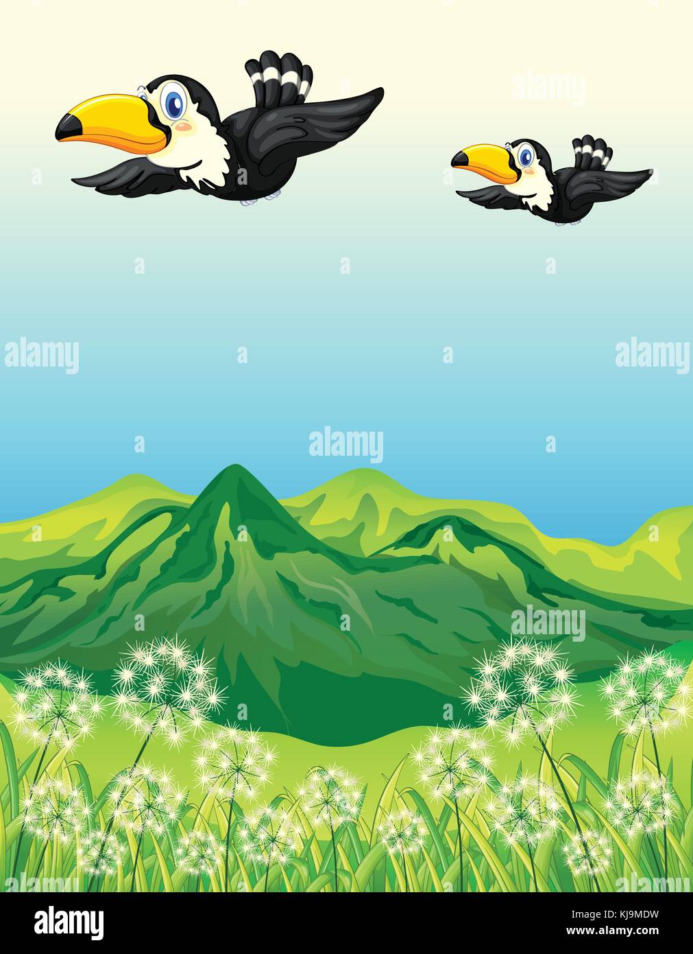 Illustration of two birds flying along the mountains Stock Vector Image ...