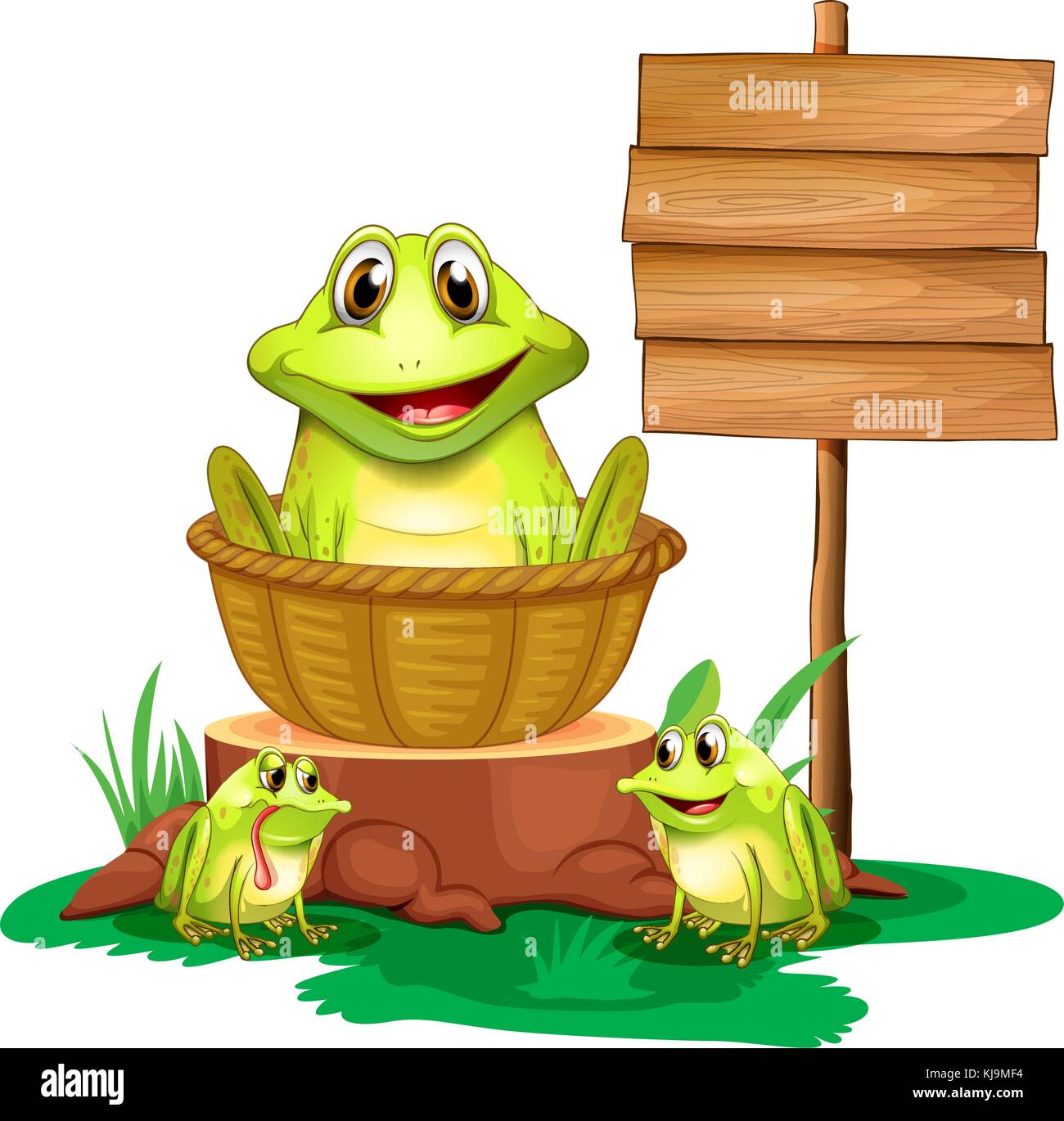 Illustration of a frog inside a basket near the empty signboard on a ...
