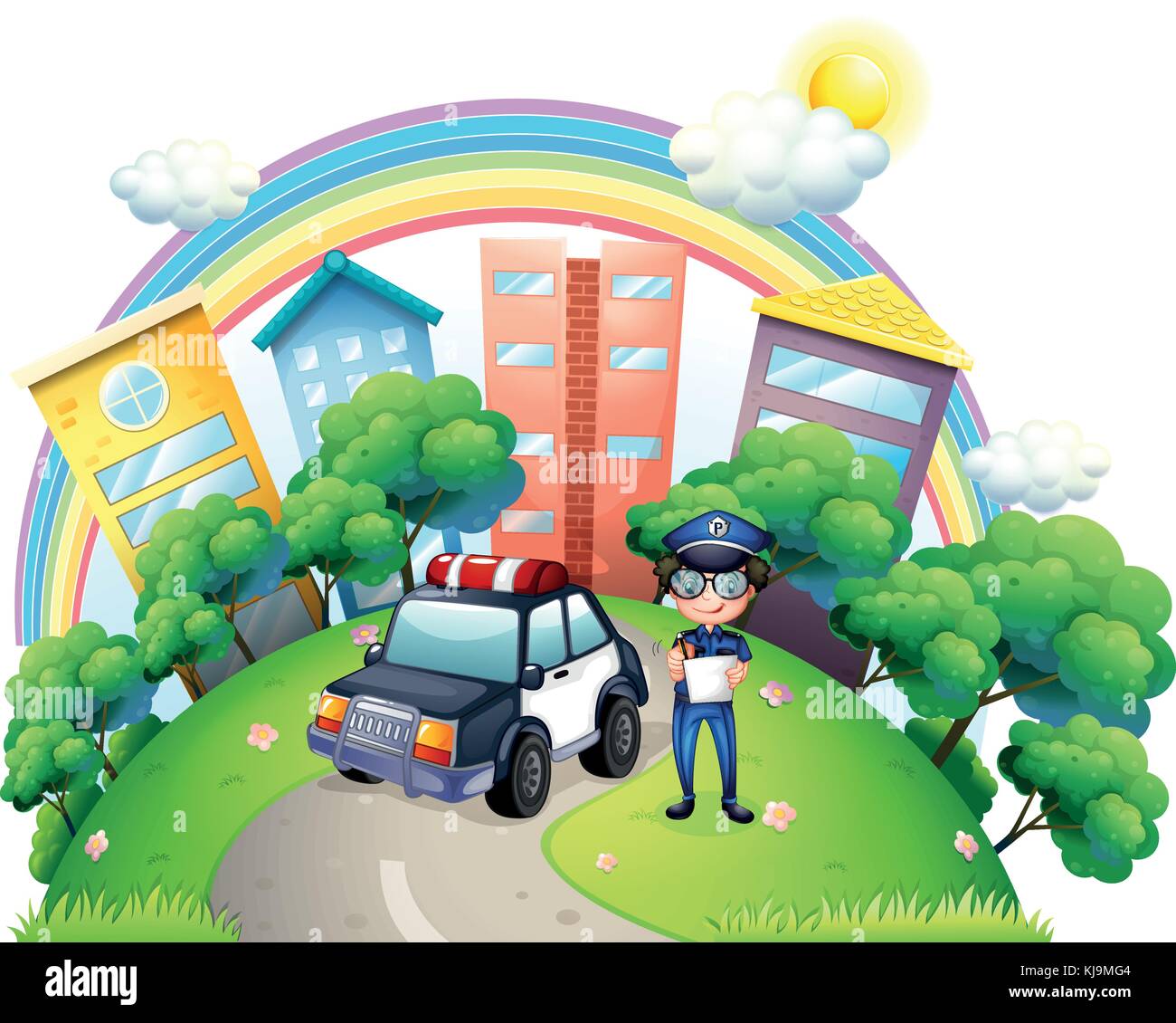 Illustration of an enforcer with his car at the road on a white ...