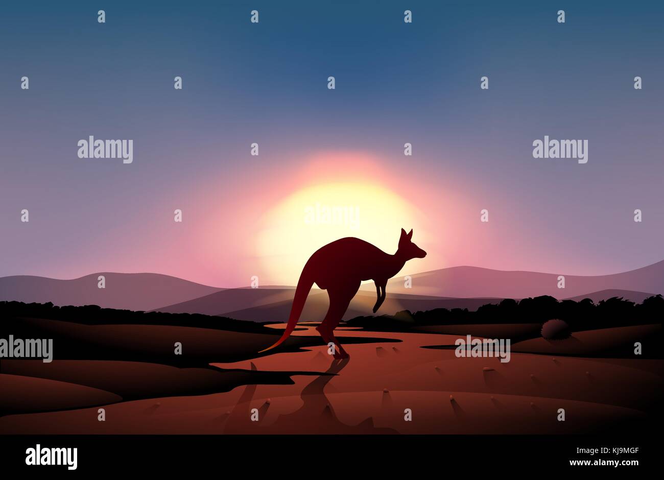 Illustration of a sunset at the desert with a kangaroo Stock Vector ...