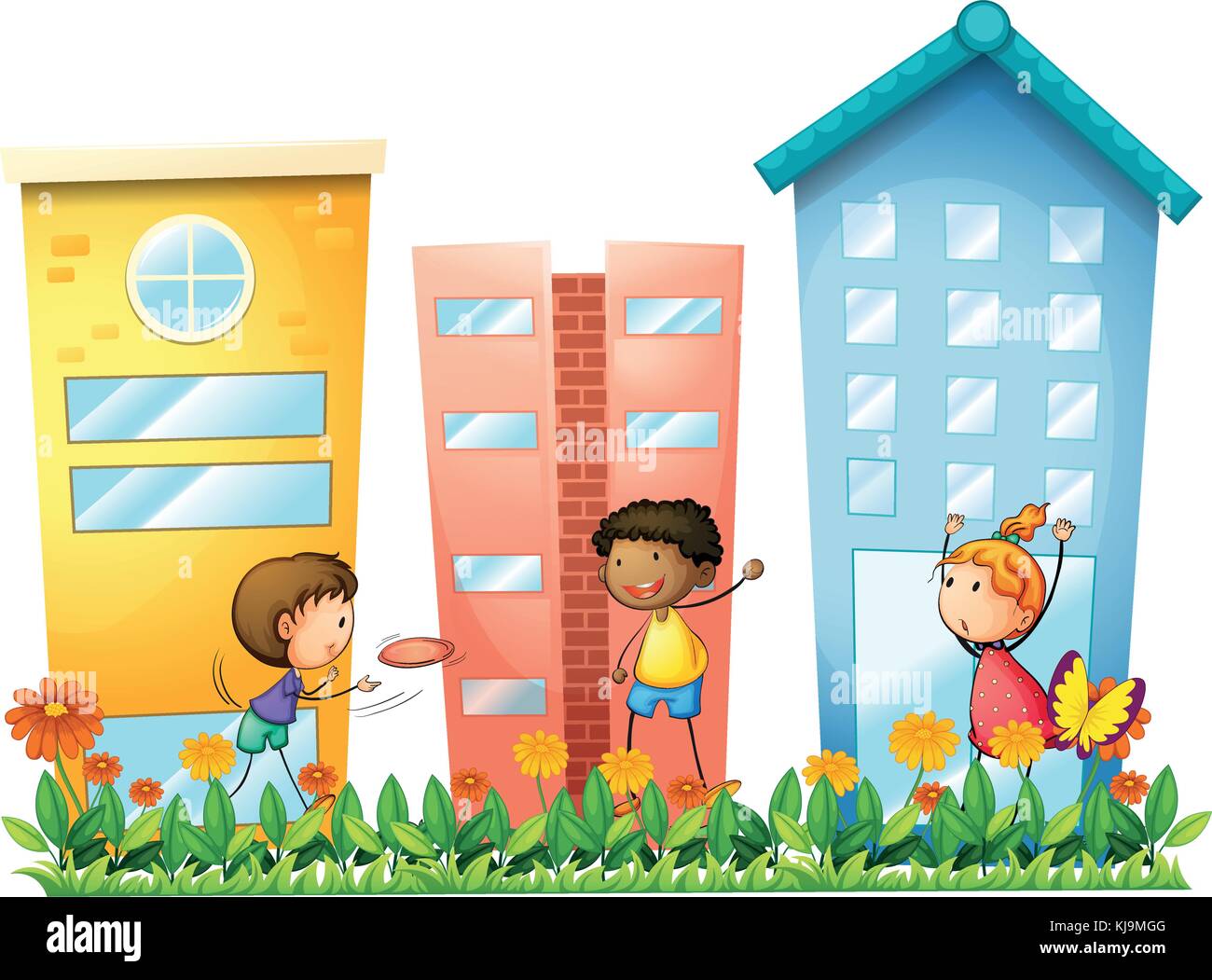 Illustration of the kids playing in front of the high buildings on a ...