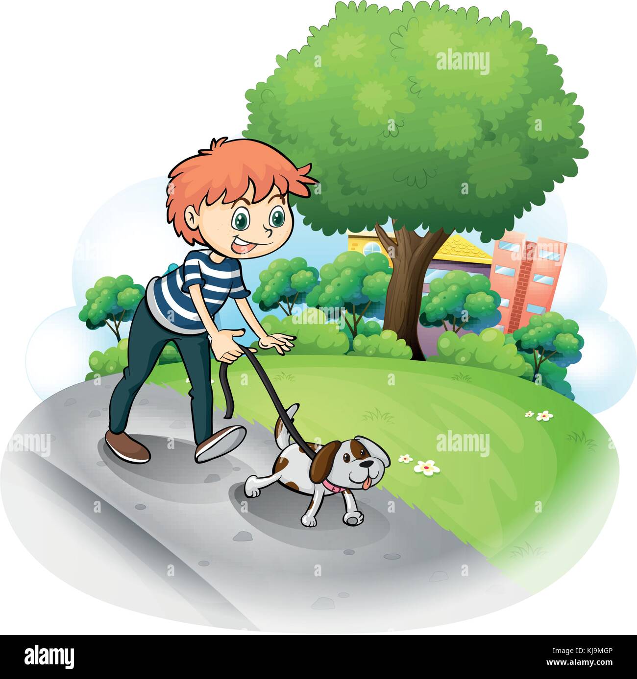 Illustration of a boy walking with his dog along the street on a white ...