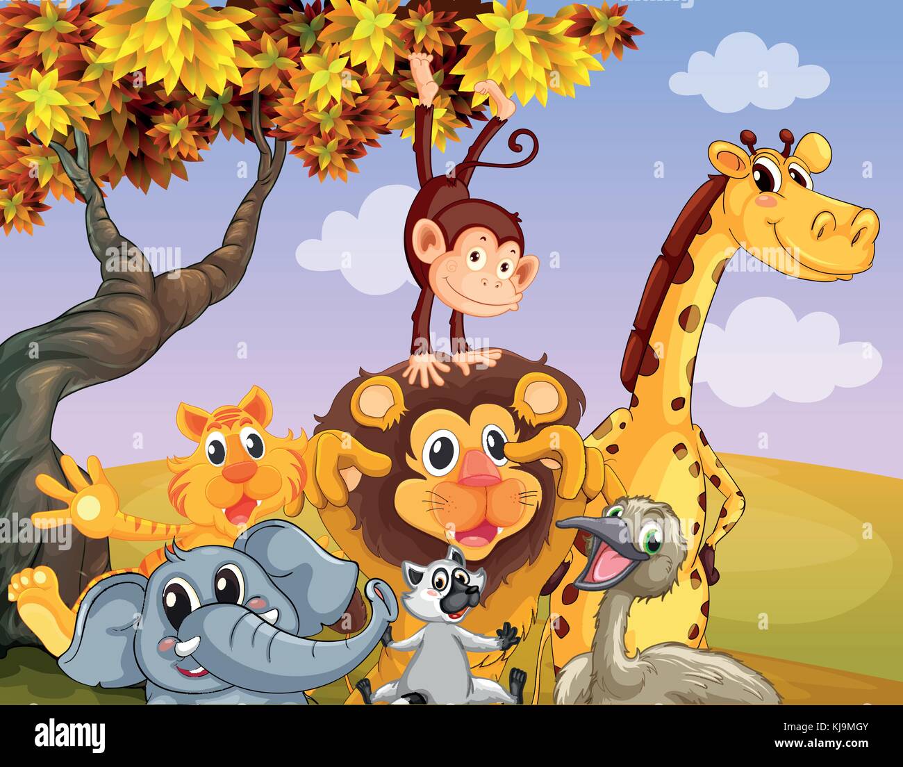 Illustration of the wild animals near the big tree Stock Vector Image ...