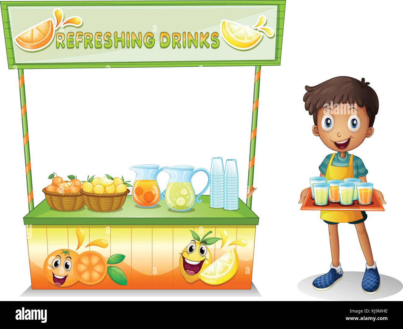 Illustration of a boy with a stall of refreshing drinks on a white ...