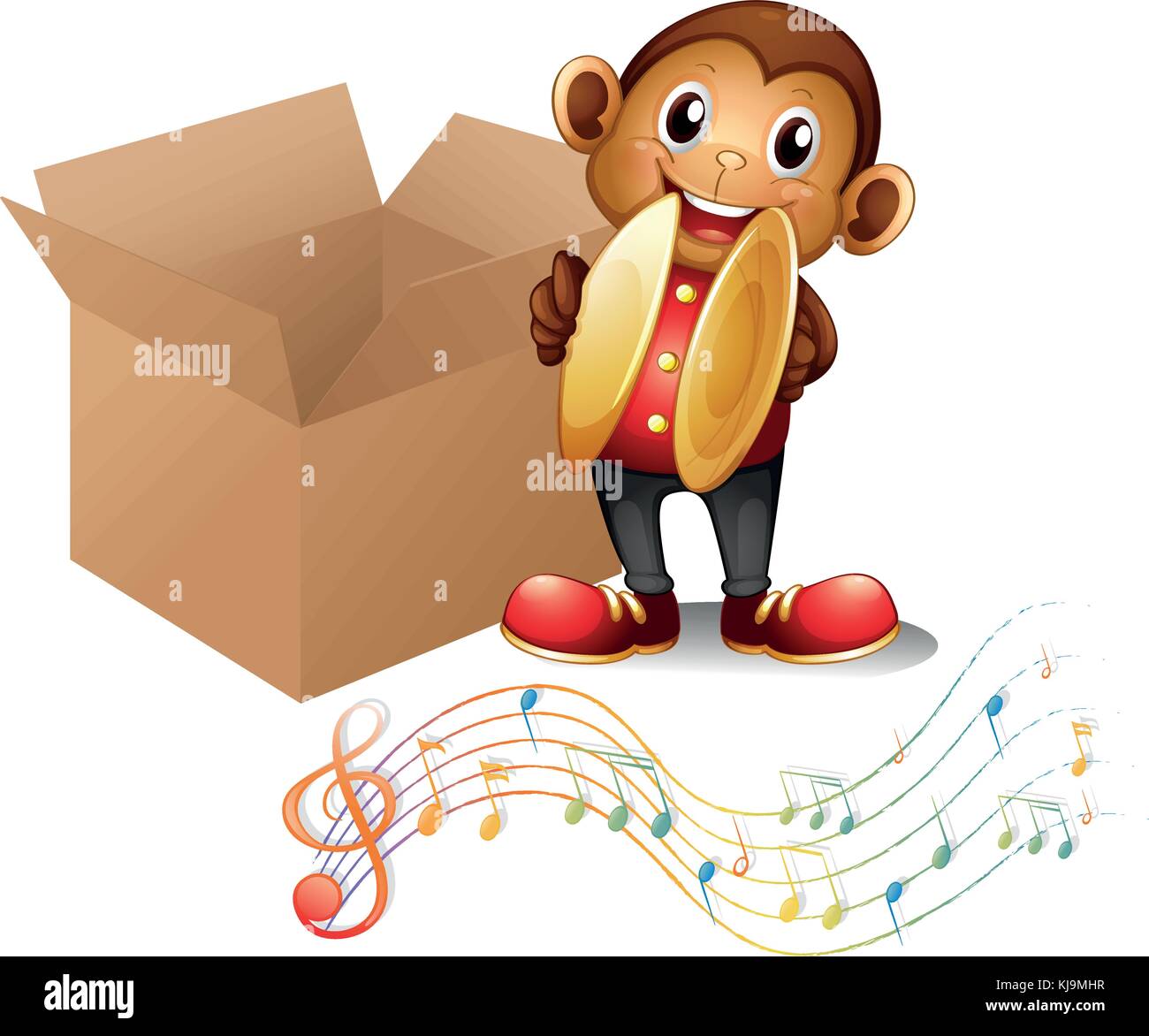 Illustration of a monkey with cymbals beside a box with musical notes ...