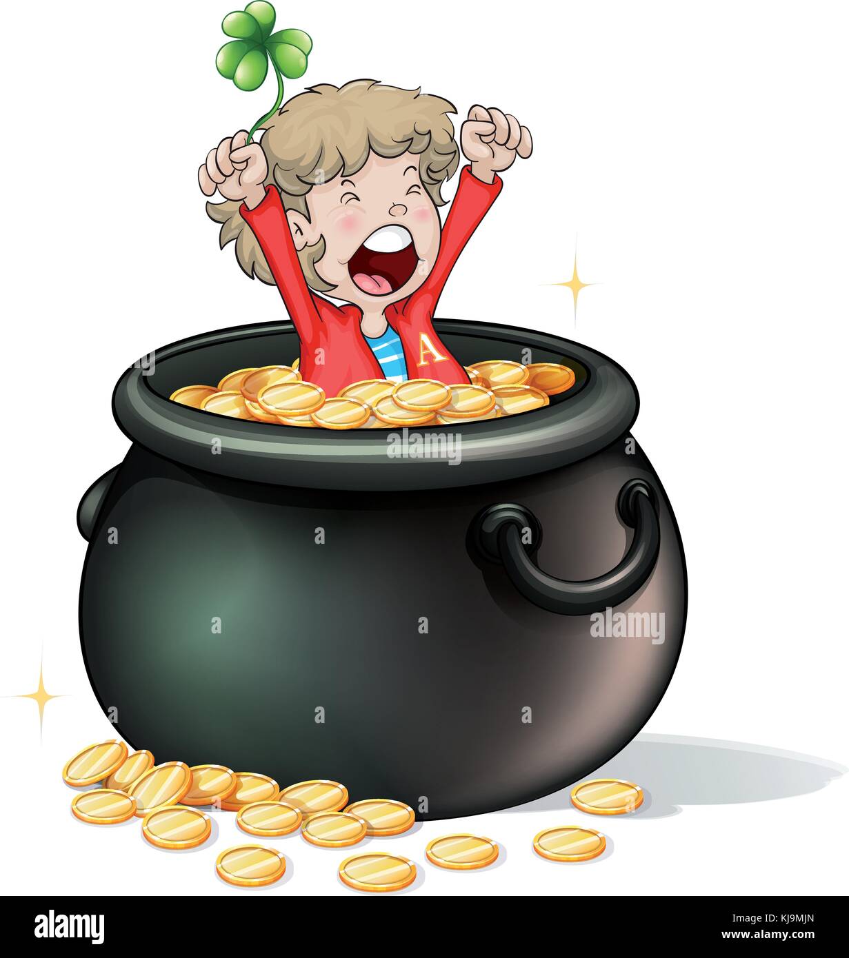 Illustration of a young boy inside a pot full of coins on a white ...