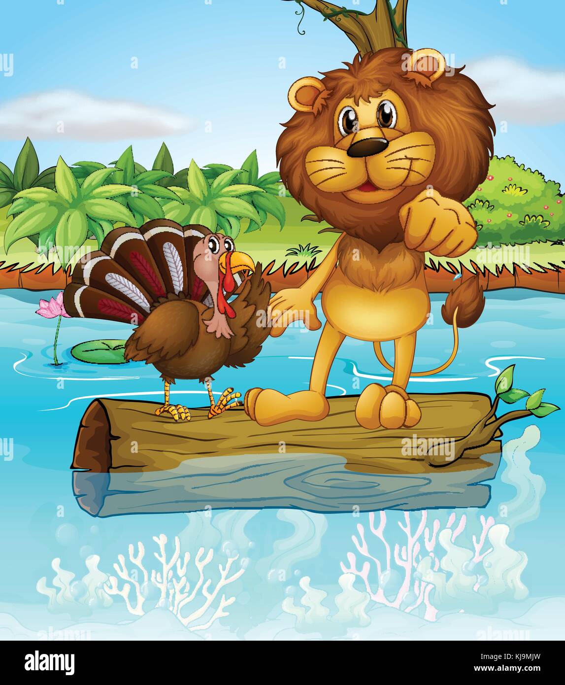 Illustration of a turkey and a lion above a floating trunk Stock Vector ...