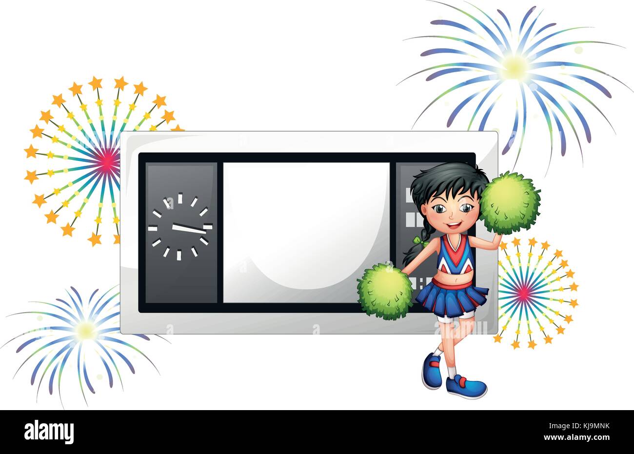 Illustration of a cheerleader in front of a time board on a white ...