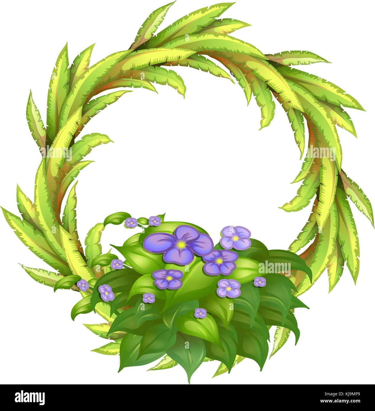 Illustration of a round frame made of plants with violet flowers on a ...