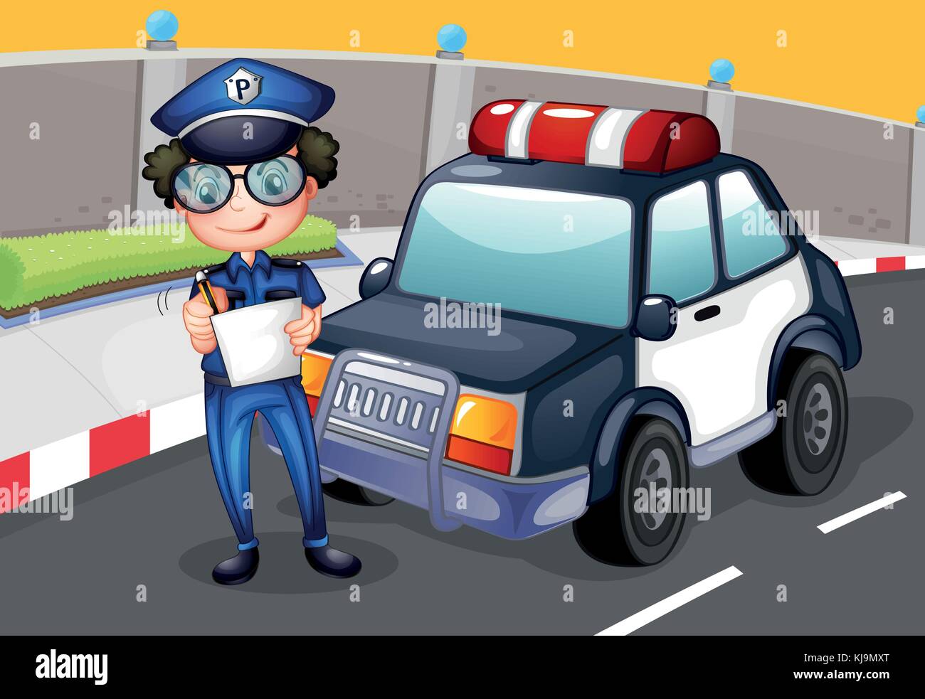 Illustration of a policeman with his police car Stock Vector Image ...