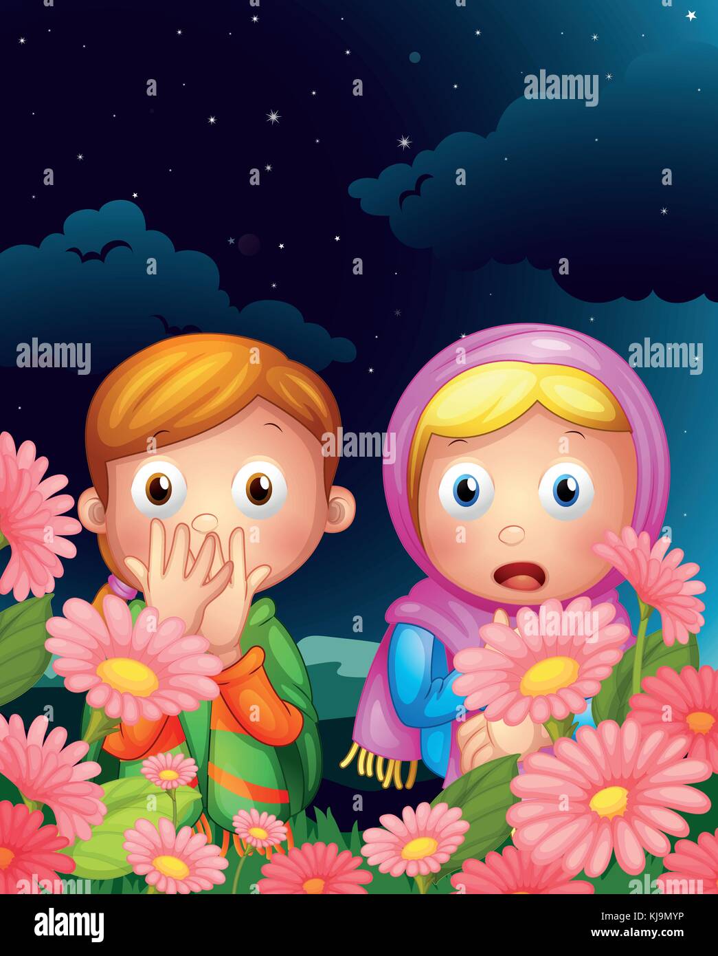 Illustration of two girls hiding in the middle of the night Stock ...