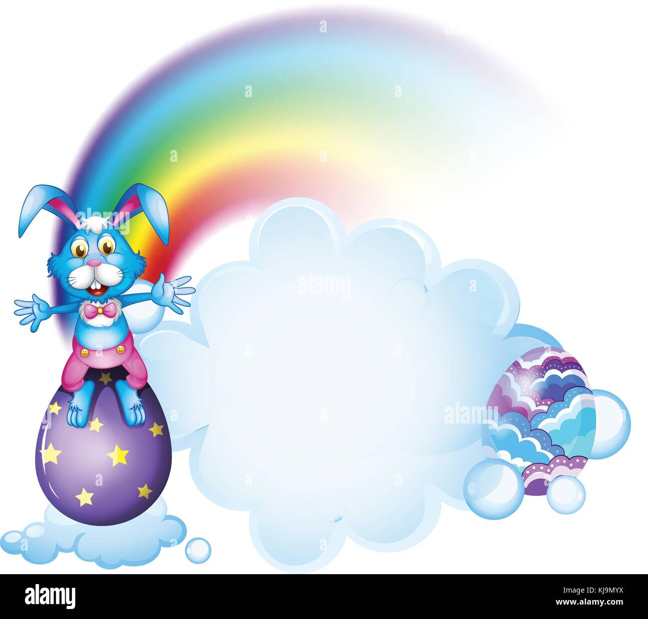 Illustration of a bunny above the egg near the rainbow on a white ...