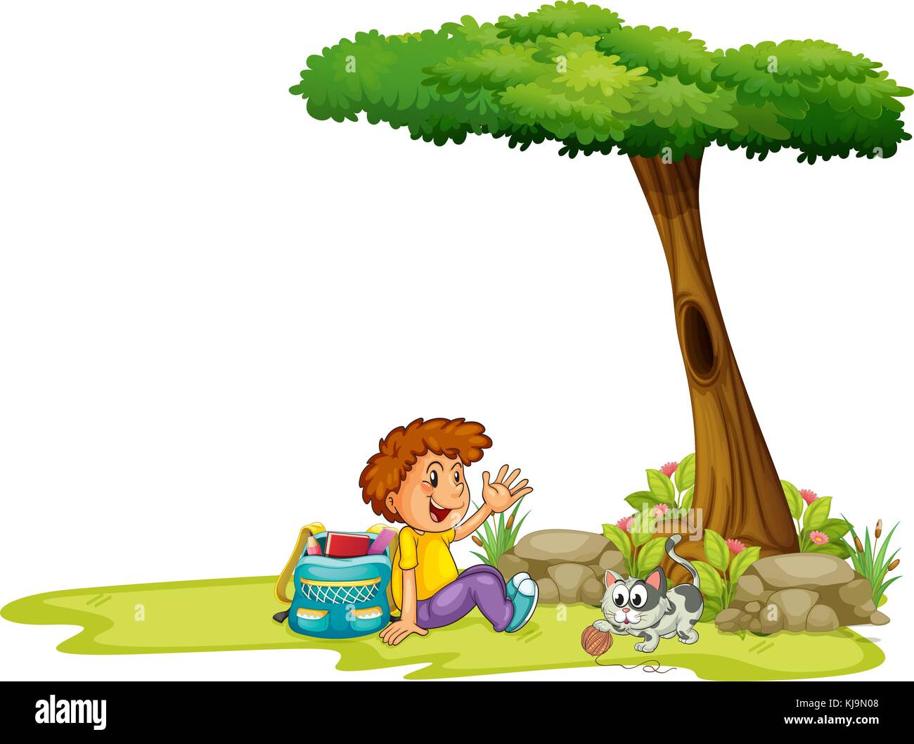 Illustartion of a boy and his cat under the tree on a white background ...