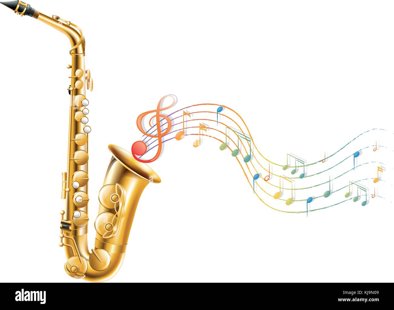 Illustration of a golden saxophone with musical notes on a white ...
