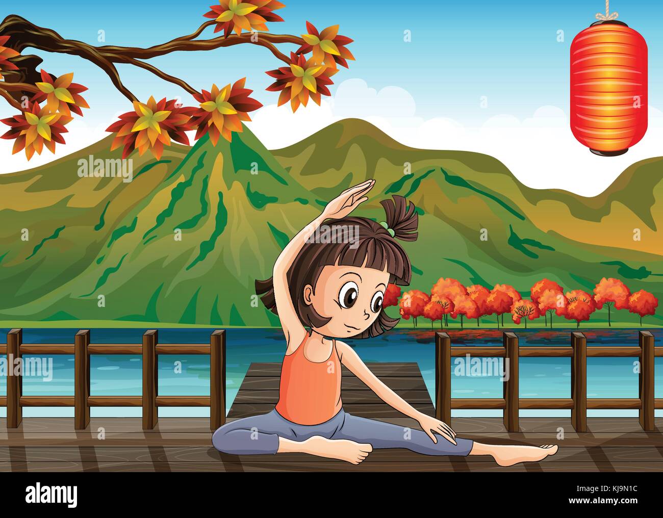 Illustration of a girl exercising at the bridge with a lantern Stock ...