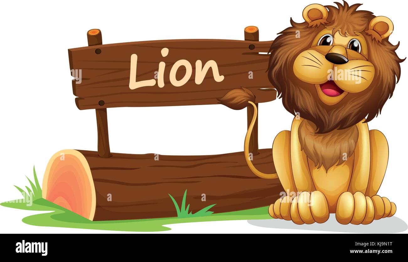 Illustration of a lion near a wooden signage on a white background ...