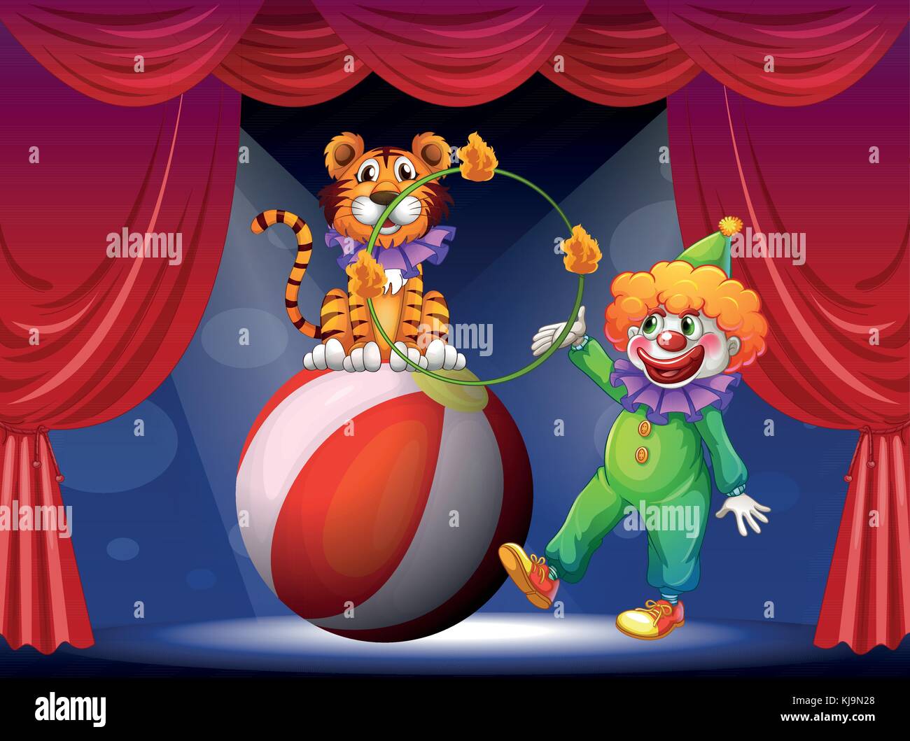 Illustration of a tiger and a clown performing at the stage Stock ...