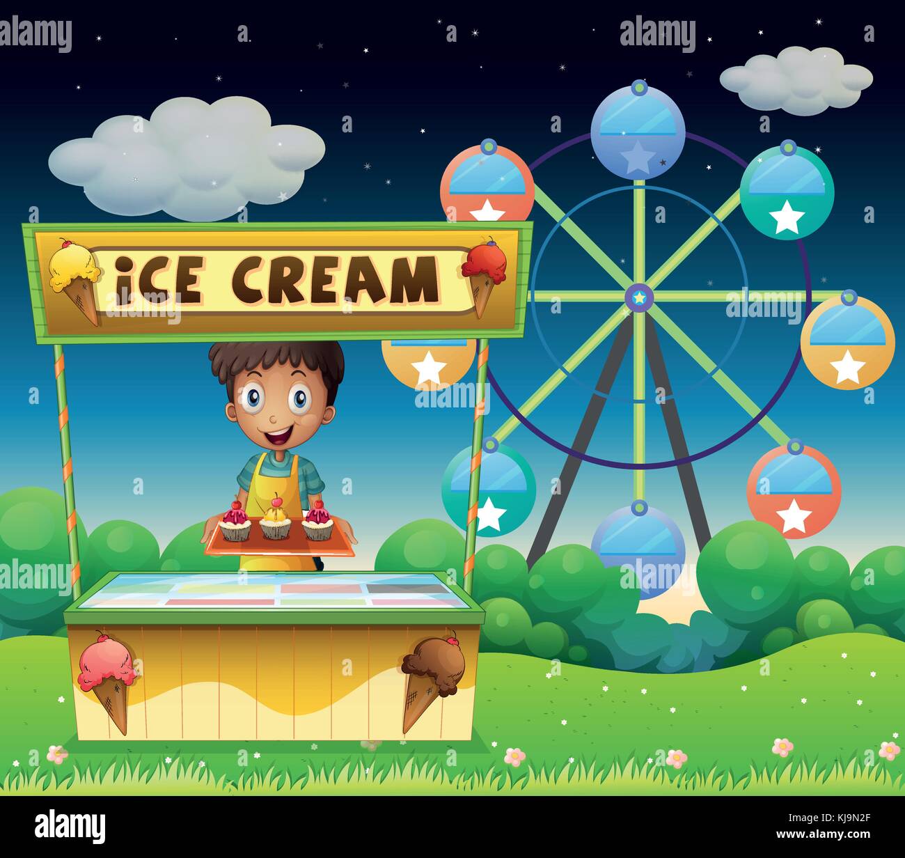 Illustration of a boy with an icecream stall near the ferris wheel ...