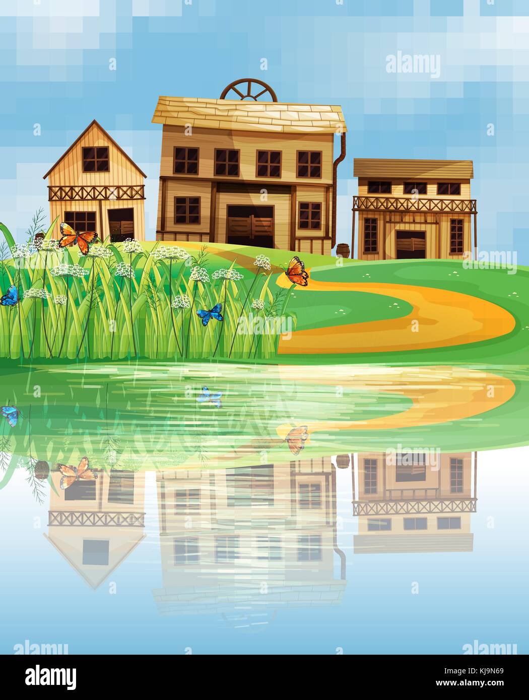 Illustration of the pond with a reflection of the wooden houses Stock ...