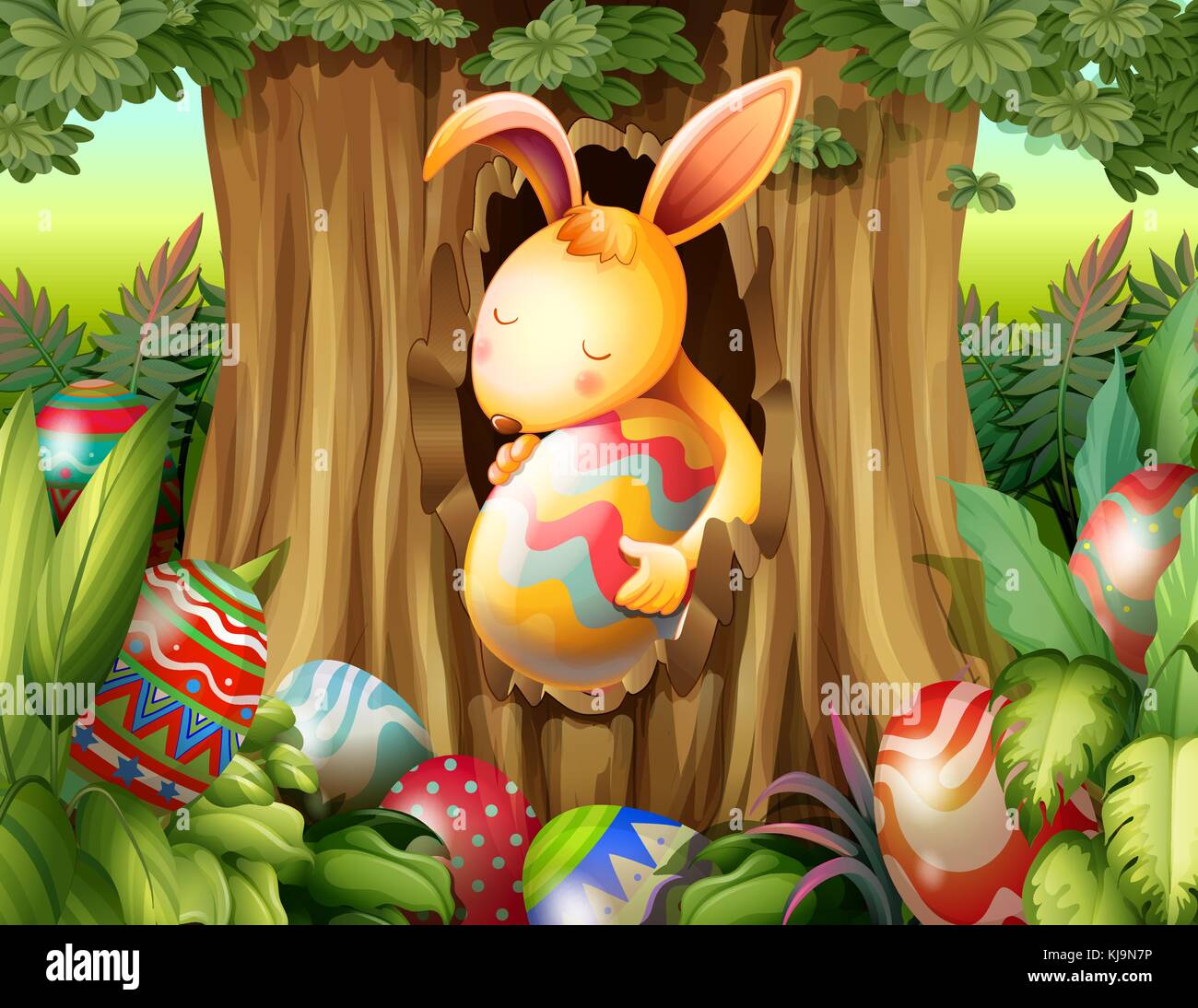 Illustration of a rabbit inside the hole of a tree surrounded with eggs ...