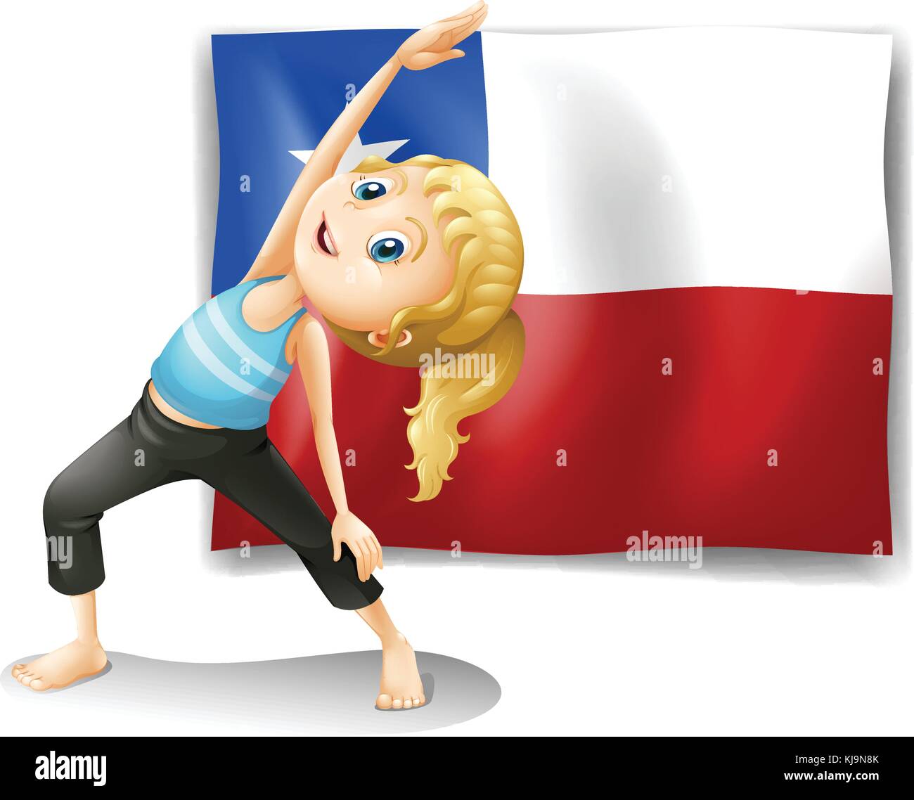 Illustration of a girl stretching in front of a flag on a white ...