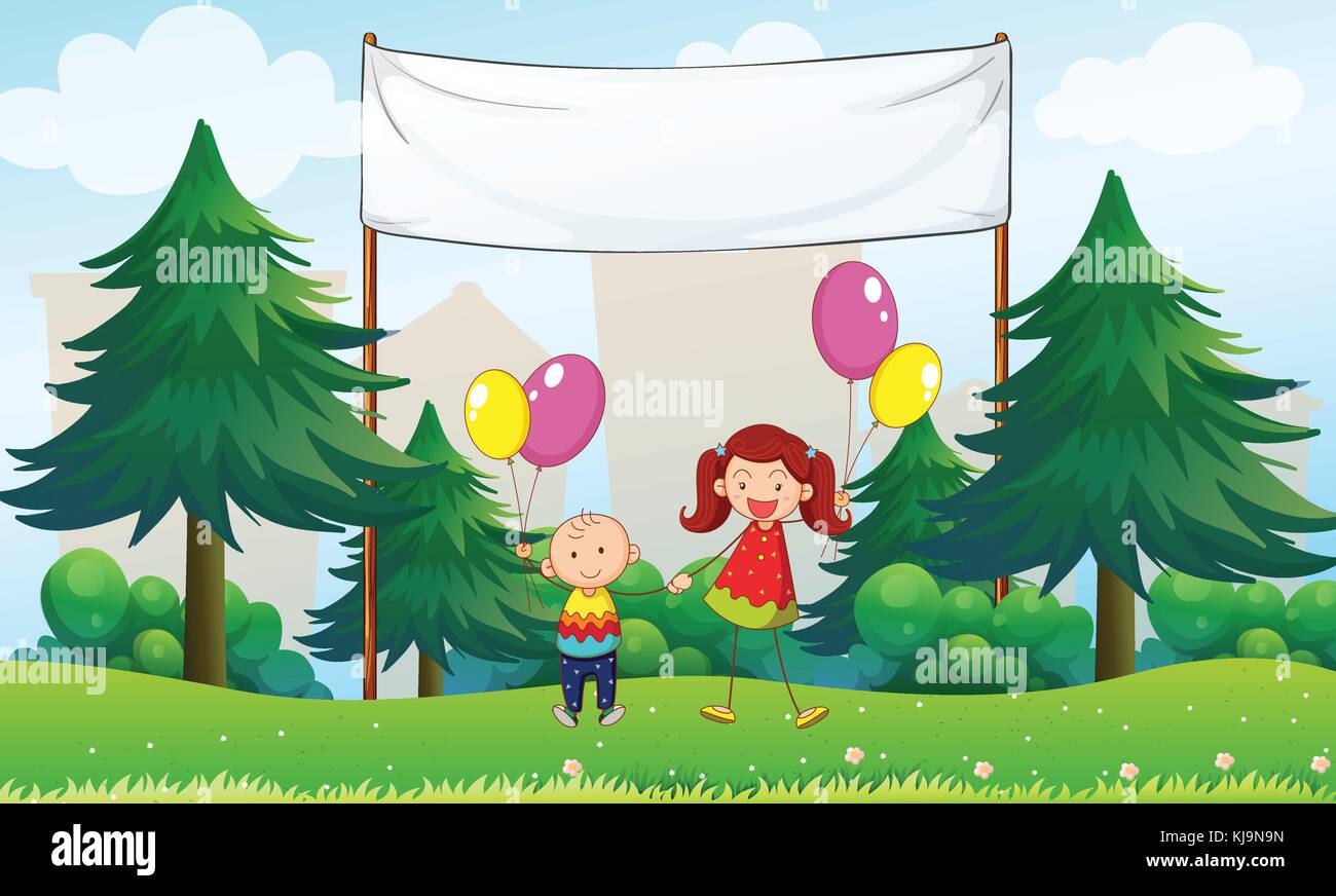 Illustration of the happy kids with balloons below an empty signage ...