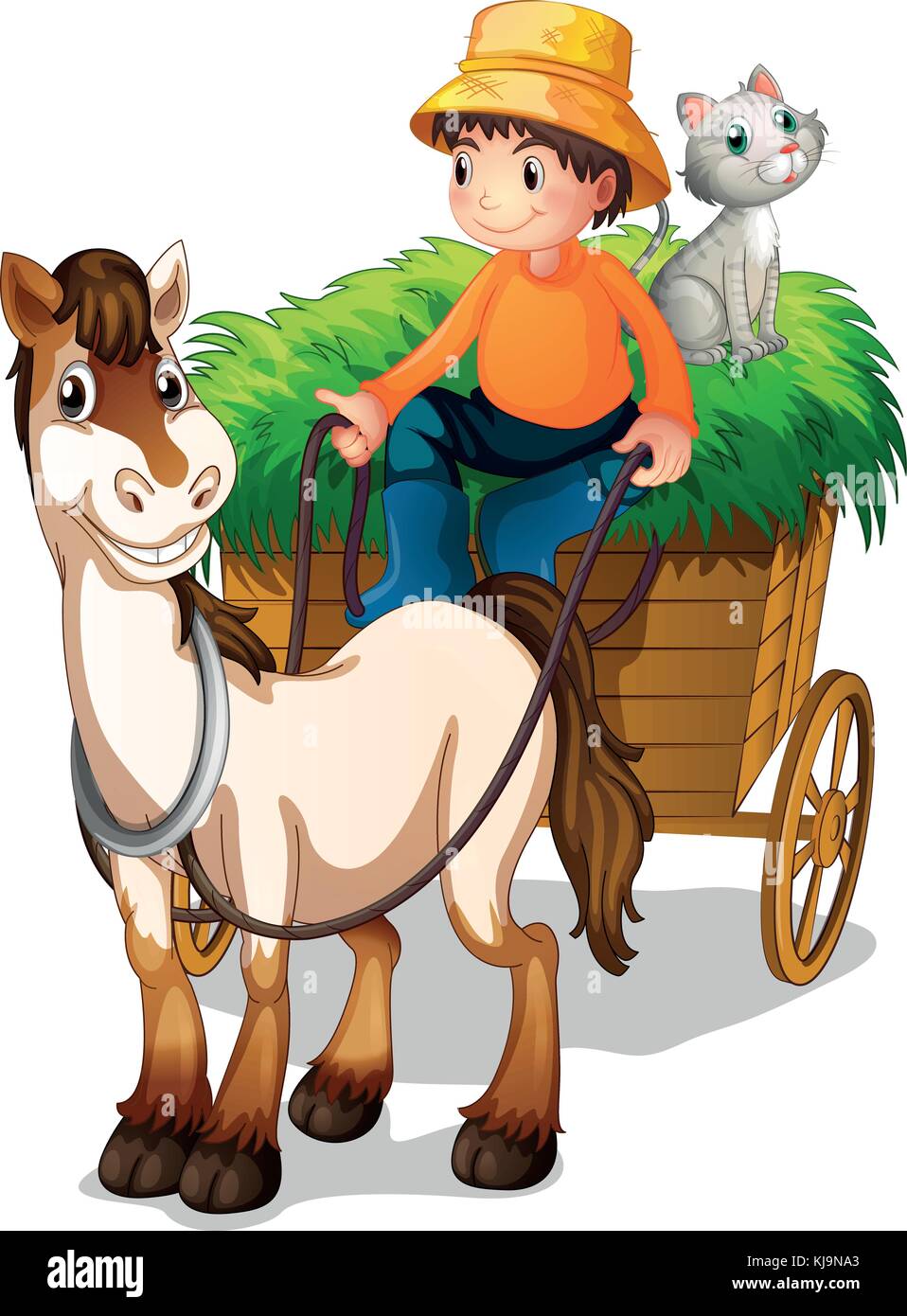 Illsutration of a farmer riding a cart with a cat at the back on a ...