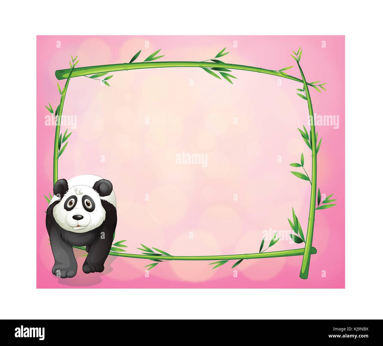 Illustration of a panda beside a bamboo frame on a pink background ...