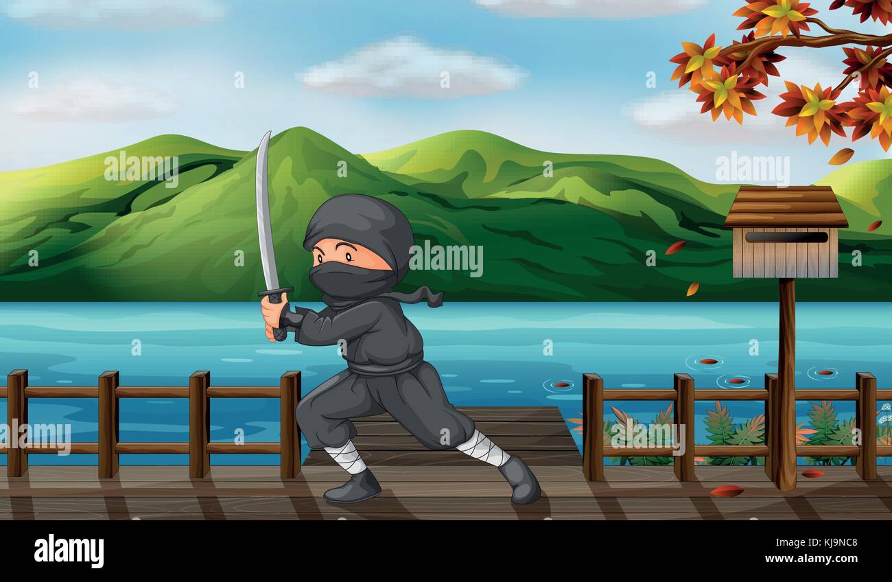 Illustration of a gray ninja with a sharp sword near the wooden mailbox ...