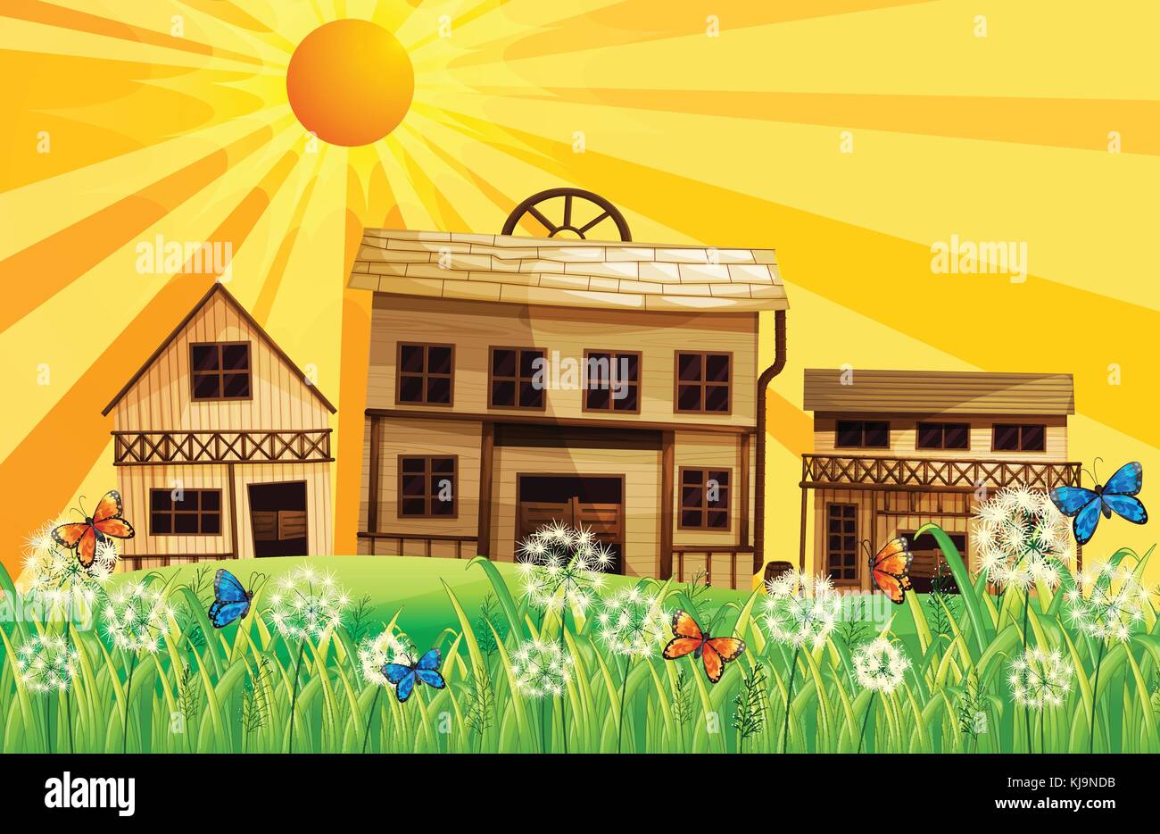 Illustration of the wooden houses and the sunset Stock Vector Image ...