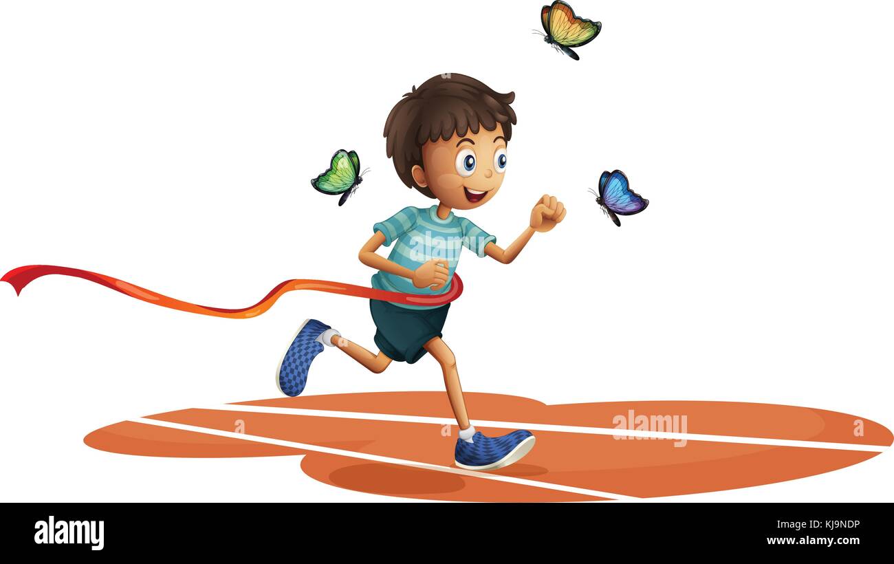 Illustration of a boy running with three butterflies on a white ...