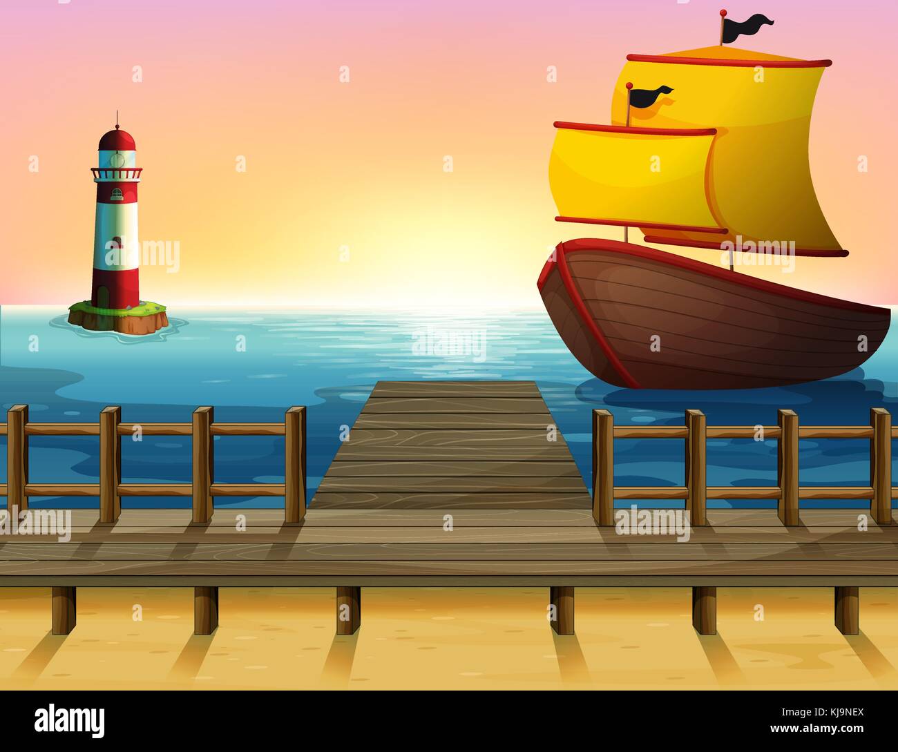 Illustration of a sunset view of the port with a wooden boat Stock ...