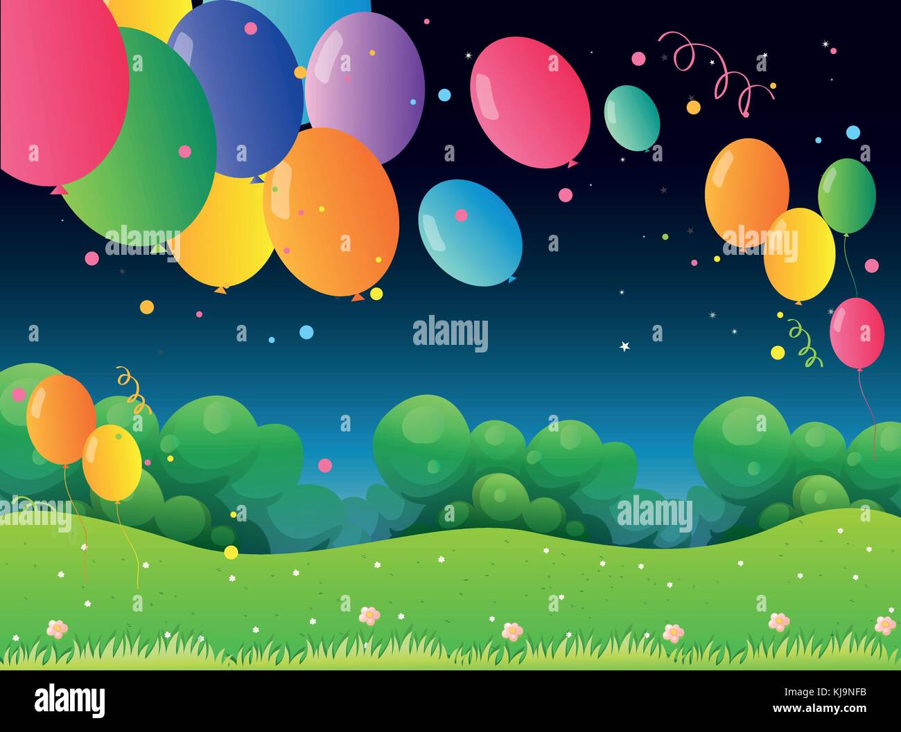 Illustration of the colorful flying balloons at the hill Stock Vector ...