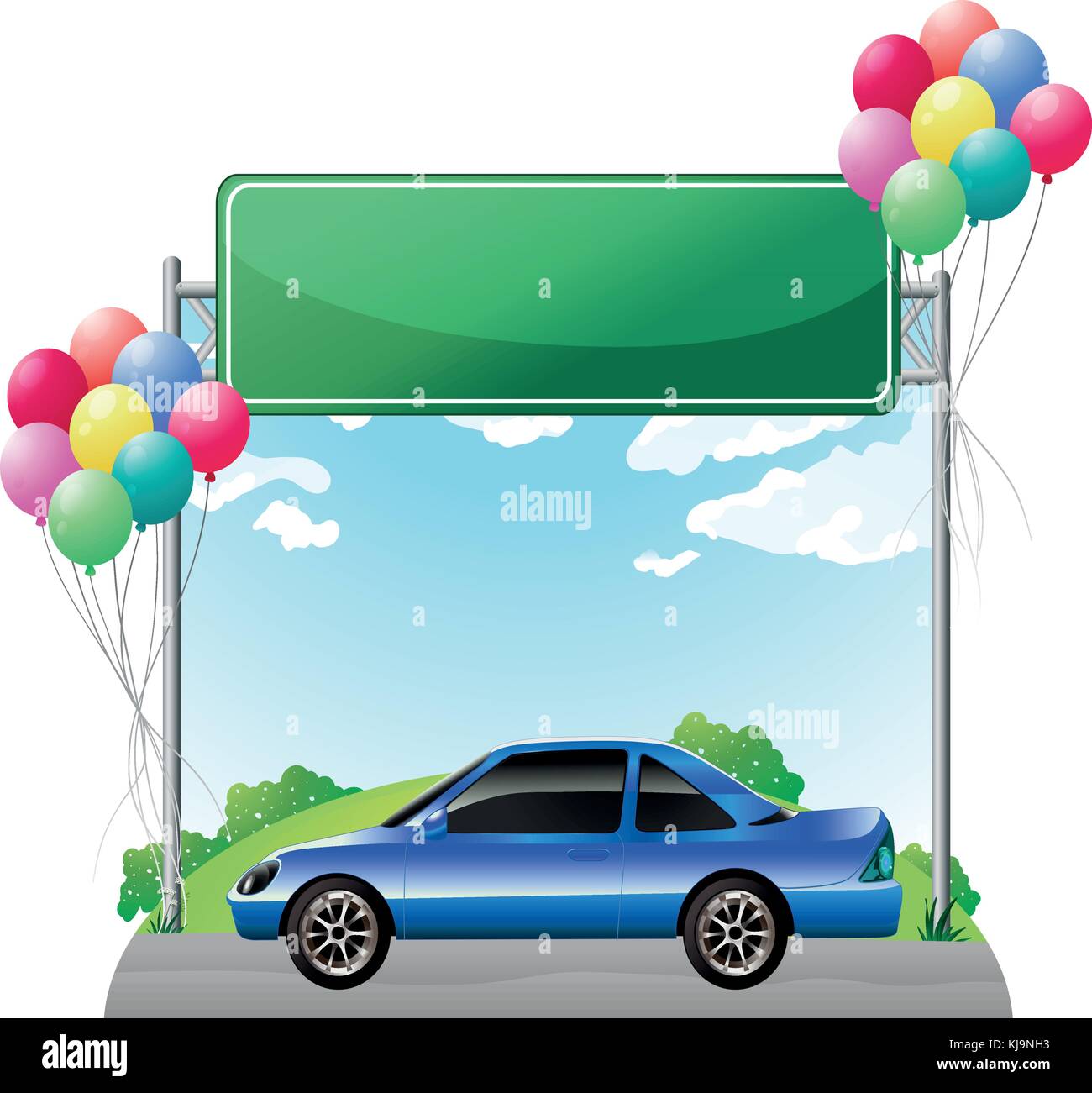 Illustration of a green empty signage above a blue tinted car on a ...