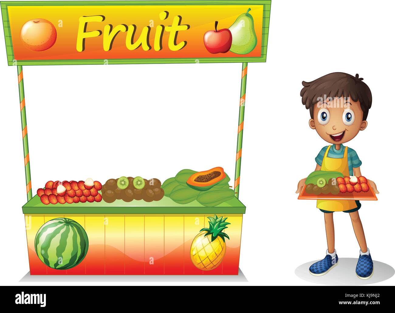 Illustration of a young boy selling fruits on a white background Stock ...
