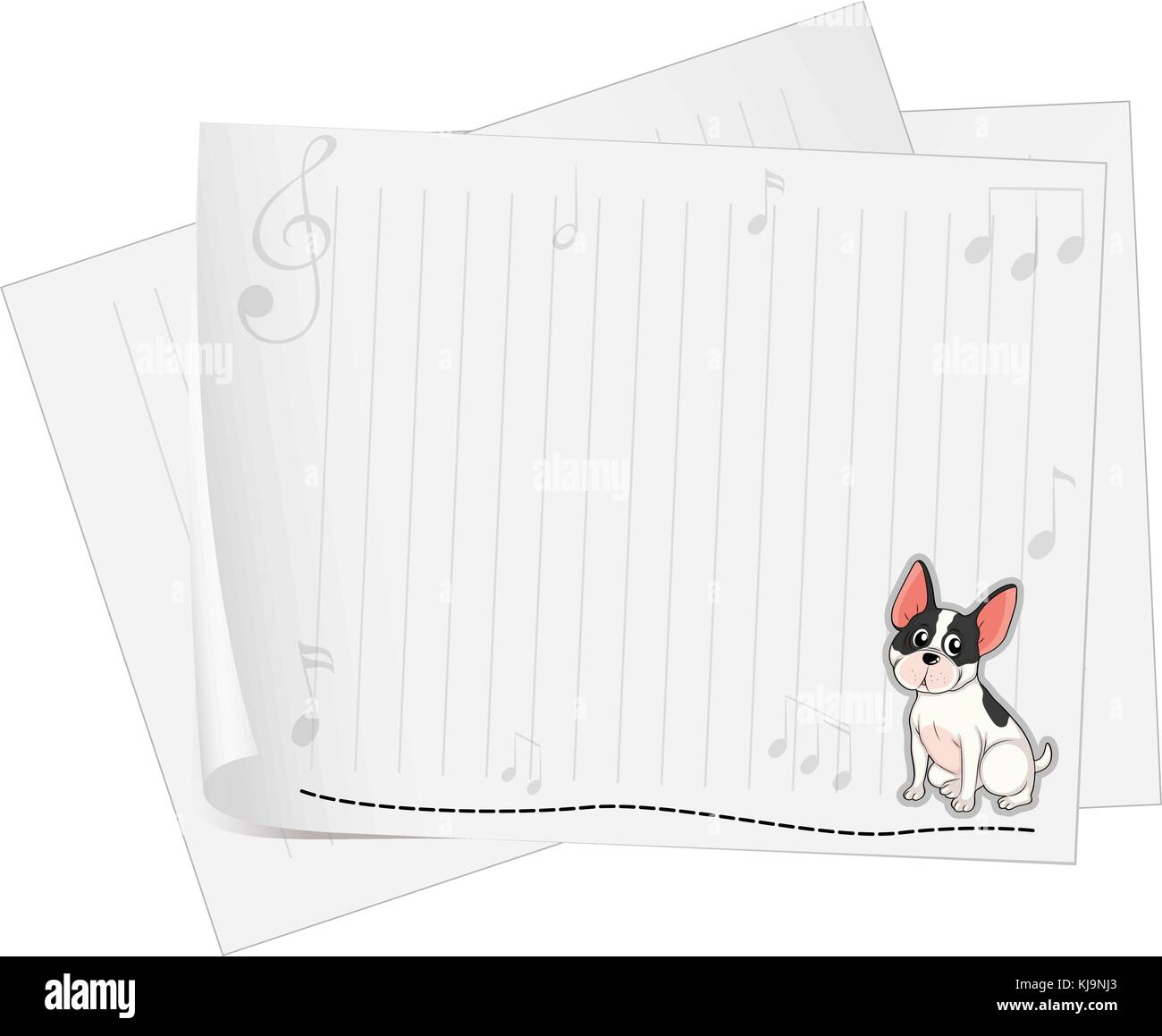 Illustration of a dog printed on a white paper with musical notes on a ...